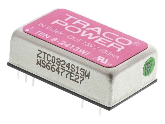 TEN 8-2413WI TRACOPOWER | TRACOPOWER TEN 8WI DC-DC Converter, 15V dc/ 533mA Output, 9 → 36 V dc ...