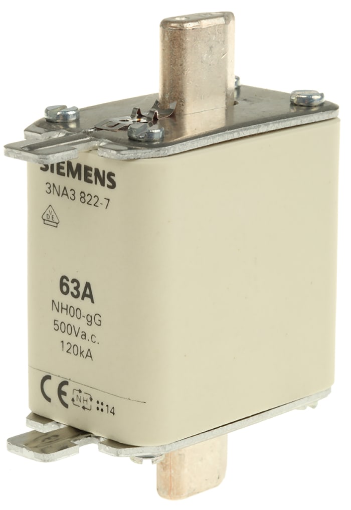 3NA3822-7 Siemens | Siemens 63A NH Fuse, NH00, 500V ac | 396-089 | RS