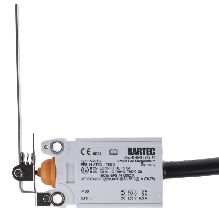 07-2511-1330/43 Bartec | Bartec Plunger Limit Switch, NO/NC, IP66, Plastic Housing, 400V ac Max ...