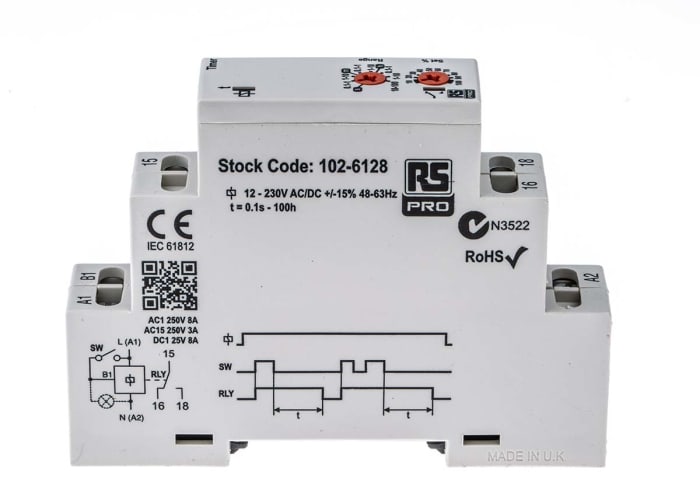 RS PRO | RS PRO DIN Rail Mount Timer Relay, 12 → 230V ac/dc, 0.1 s → ...