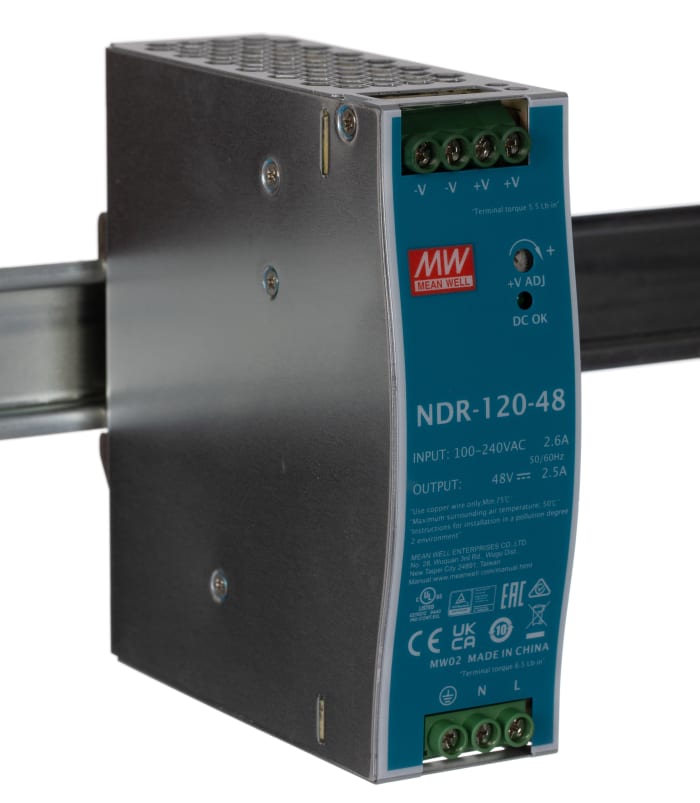 NDR-120-48 MEAN WELL | MEAN WELL NDR Switched Mode DIN Rail Power Supply, 90 → 264V ac ac Input ...