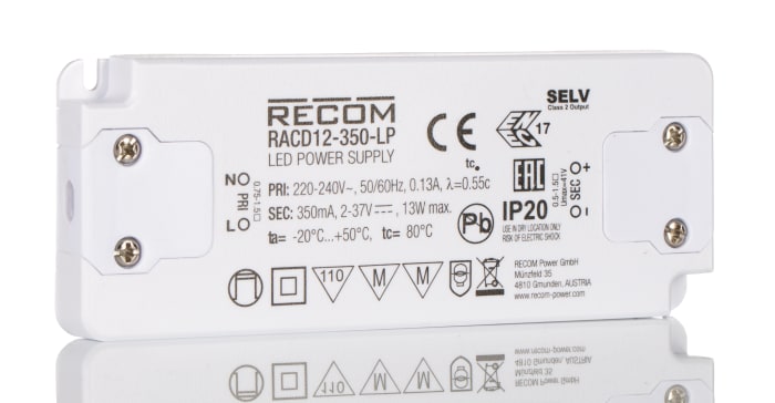 RACD12-350-LP Recom | Recom LED Driver, 2 → 37V dc Output, 13W Output, 350mA Output, Constant ...