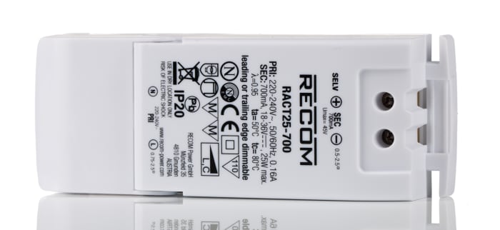 RACT25-700 Recom | Recom LED Driver, 18 → 36V dc Output, 25W Output, 700mA Output, Constant ...