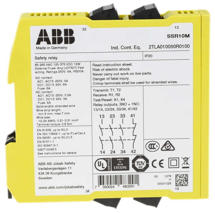 2TLA010050R0100 Sentry SSR10M VAC/VDC ABB Jokab | ABB Jokab Dual-Channel Safety Switch Safety ...