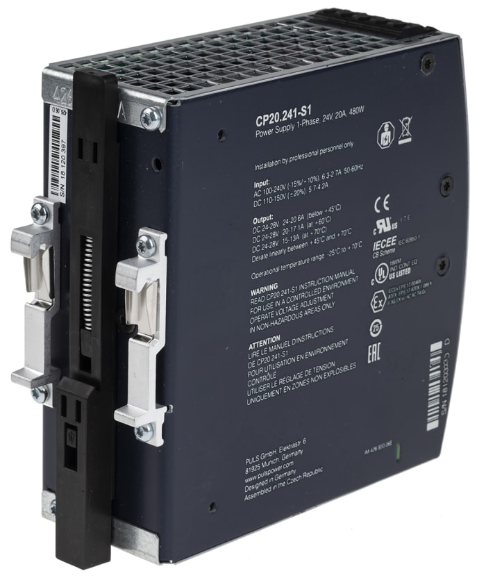 CP20.241-S1 PULS | PULS CP DIN Rail Power Supply, 100 → 240V ac ac Input, 24V dc dc Output, 20A ...