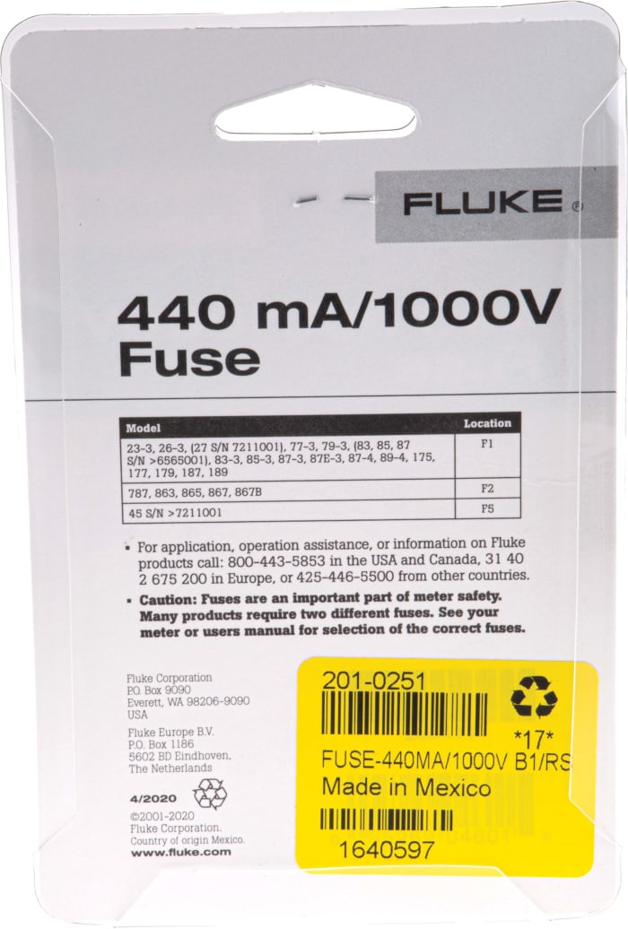 FUSE-440MA/1000V B1 Fluke | Fluke Multimeter Fuse, 440mA, 1000V, 10.3 ...