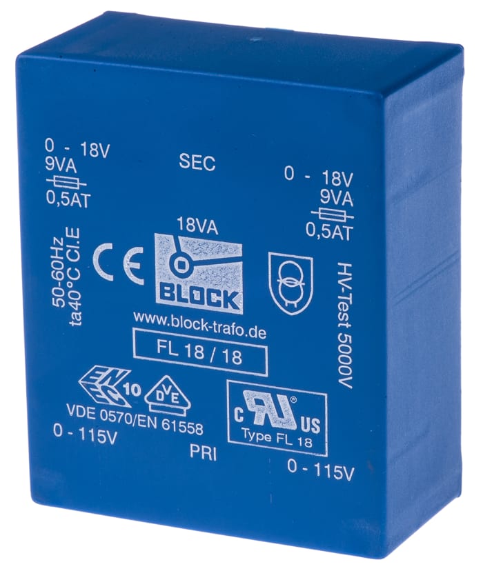FL 18/18 Block | Block 18V ac 2 Output Through Hole PCB Transformer ...