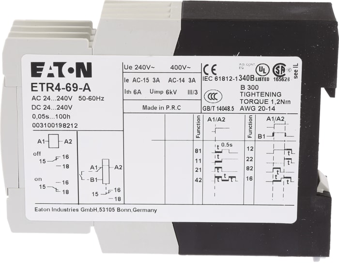 031891 ETR4-69-A Eaton | Eaton DIN Rail Mount Timer Relay, 24 → 240V ac ...