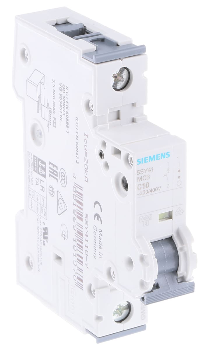 5SY4110-7 Siemens | Siemens Sentron 5SY4 MCB, 1P, 10A Curve C, 400V AC, 72V DC, 10 kA Breaking ...