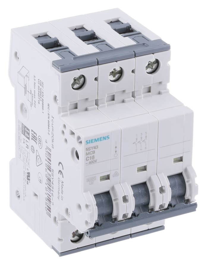 5SY4316-7 Siemens | Siemens Sentron 5SY4 MCB, 3P, 16A Curve C, 400V AC, 10 kA Breaking Capacity ...