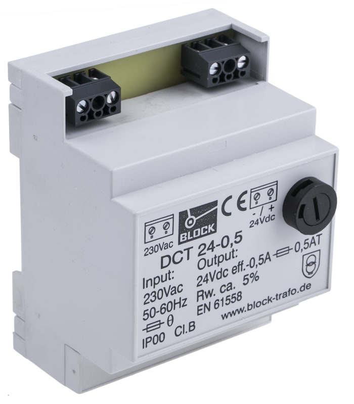 DCT24-0.5 Block | Block DCT Linear DIN Rail Power Supply, 230V ac ac ...