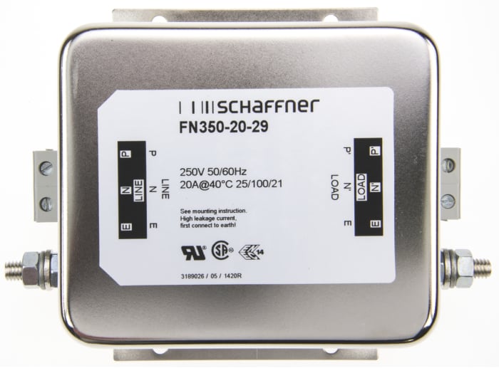 FN350-20-29 Schaffner | Schaffner, FN350 20A 250 V ac 400Hz, Chassis ...