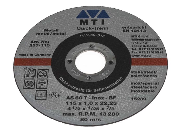 257-115 MTI | MTI Aluminium Oxide Cutting Disc, 115mm x 1mm Thick, 1 in ...