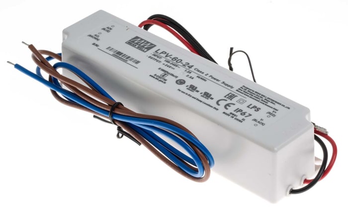LPV-60-24 MEAN WELL | MEAN WELL LED Driver, 24V Output, 60W Output, 2.5A Output, Constant ...
