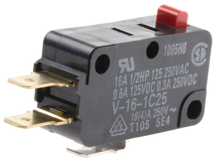 V-16-1C25 Omron | Omron Pin Plunger Micro Switch, Tab Terminal, 16 A @ 250 V ac, SP-CO, IP40 ...
