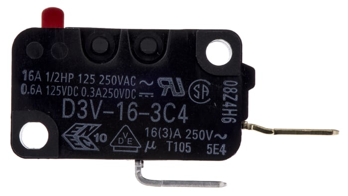 D3V-16-3C4 Omron | Omron Pin Plunger Micro Switch, Tab Terminal, 16 A @ 250 V ac, SPST, IP40 ...