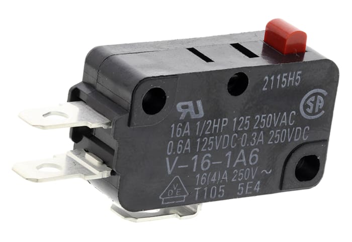 V-16-1A6 Omron | Omron Pin Plunger Micro Switch, Solder Terminal, 16 A @ 250 V ac, SPDT, IP40 ...
