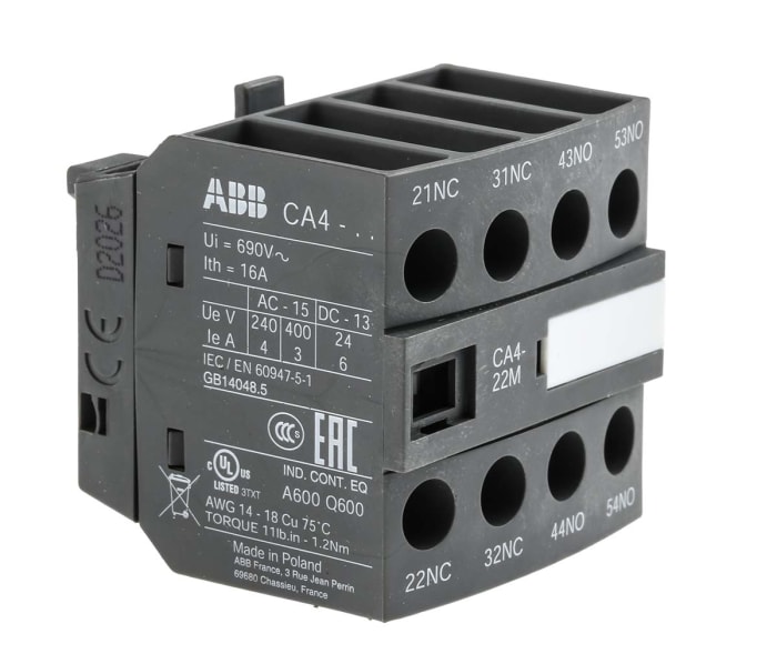 1SBN010140R1122 CA4-22M ABB | ABB Auxiliary Contact, 4 Contact, 2NC + 2NO, Front Mount CA4 | 711 ...