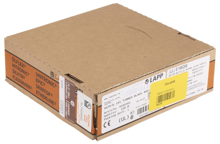 4160301 Lapp | Lapp Black 1 mm² Hook Up Wire, 17 AWG, 100m, PVC ...