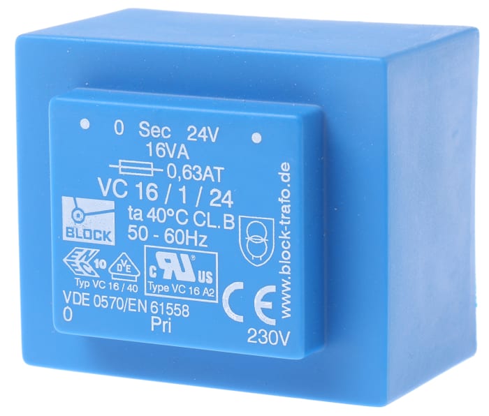 VC 16/1/24 Block | Block 24 V ac 1 Output Pin PCB Transformer, ENEC 10 ...