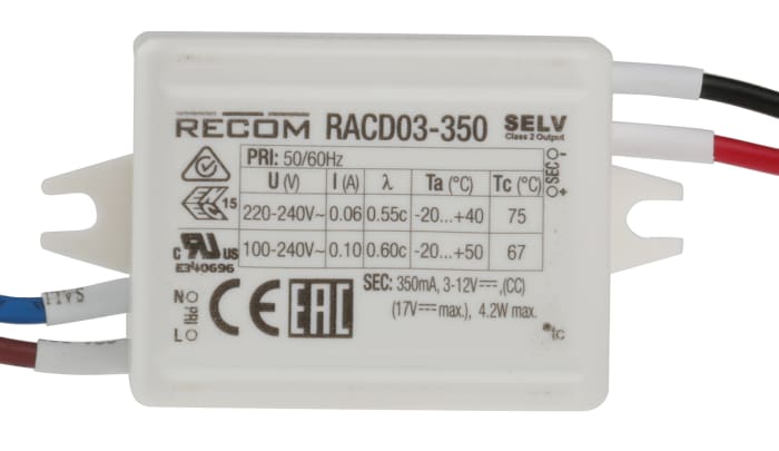RACD03-350 Recom | Recom LED Driver, 3 → 15V dc Output, 3W Output, 350mA Output, Constant ...