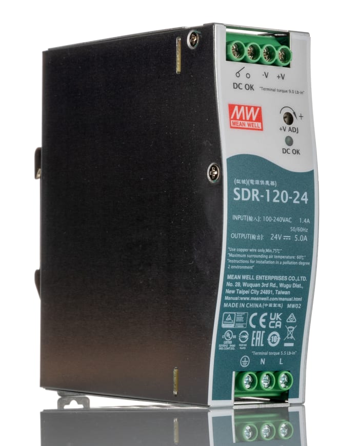 SDR-120-24 MEAN WELL | MEAN WELL SDR Switched Mode DIN Rail Power Supply, 88 → 264V ac ac Input ...