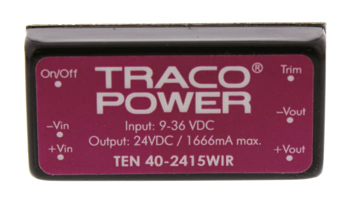 TEN 40-2415WIR TRACOPOWER | TRACOPOWER TEN 40WIR DC-DC Converter, 24V dc/ 1.67A Output, 9 → 36 V ...