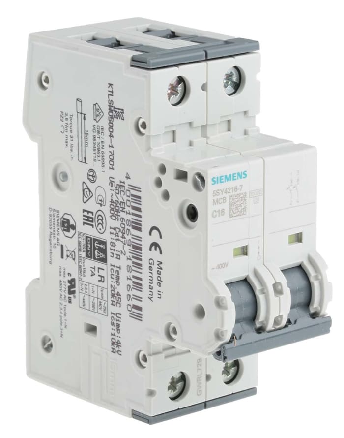 5SY4216-7 Siemens | Interruptor automático 2P, 16A, Curva Tipo C, Poder de corte 10 kA, Sentron ...