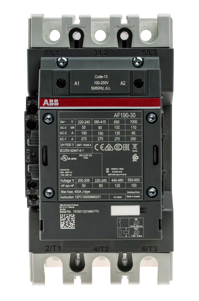 1SFL487002R1311 AF190-30-11-13 ABB | ABB AF190 AF Contactor, 230 V ac Coil, 3-Pole, 275 A, 90 kW ...