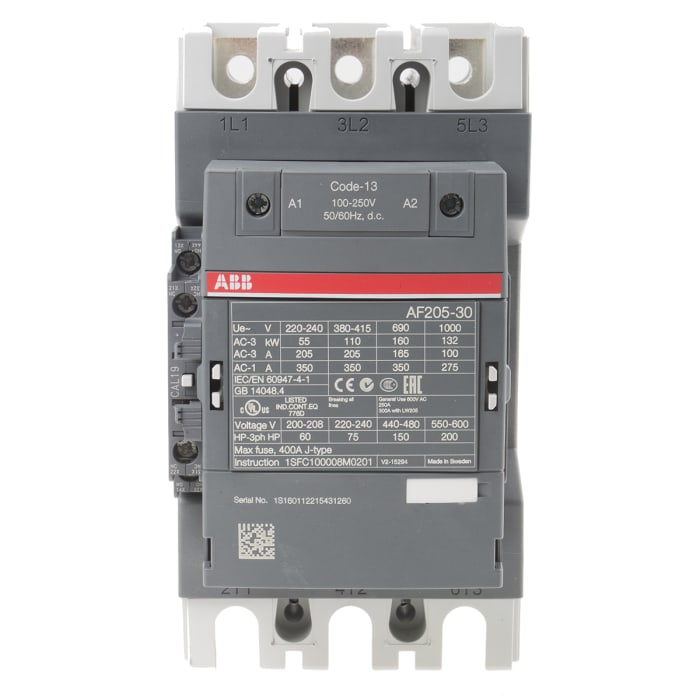 1SFL527002R1311 AF205-30-11-13 ABB | ABB AF205 AF Contactor, 230 V ac Coil, 3-Pole, 350 A, 110 ...