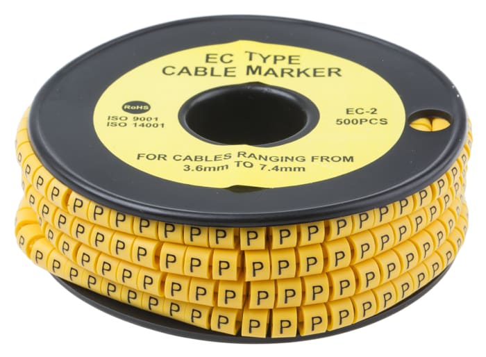 RS PRO | RS PRO Slide On Cable Markers, Black on Yellow, Pre-printed "P ...