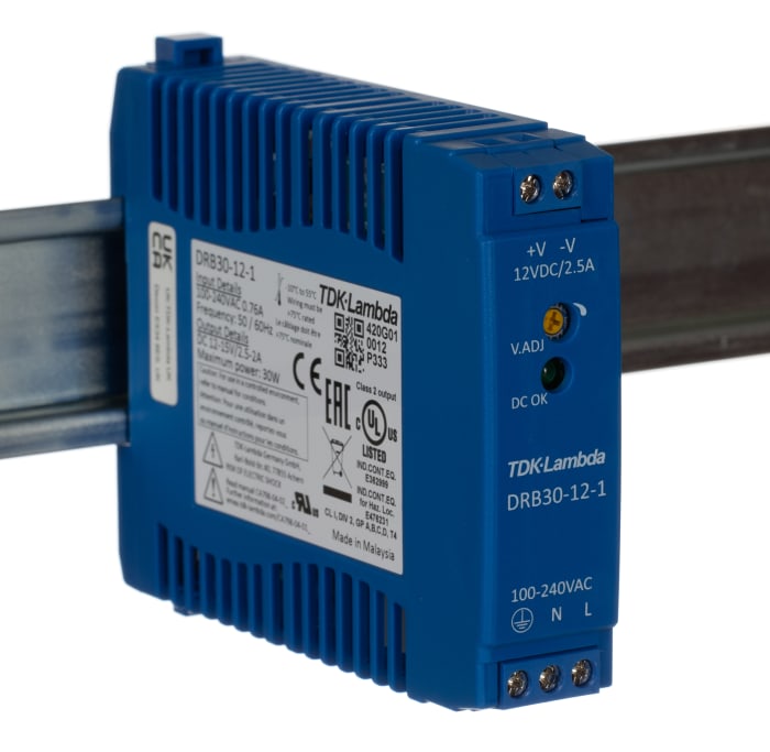 DRB-30-12-1 TDK-Lambda | TDK-Lambda DRB Switched Mode DIN Rail Power Supply, 85 → 264V ac ac ...