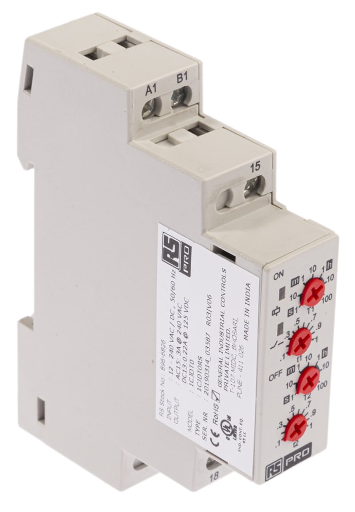 RS PRO | RS PRO DIN Rail Mount Timer Relay, 12 → 240V ac/dc, 1-Contact ...