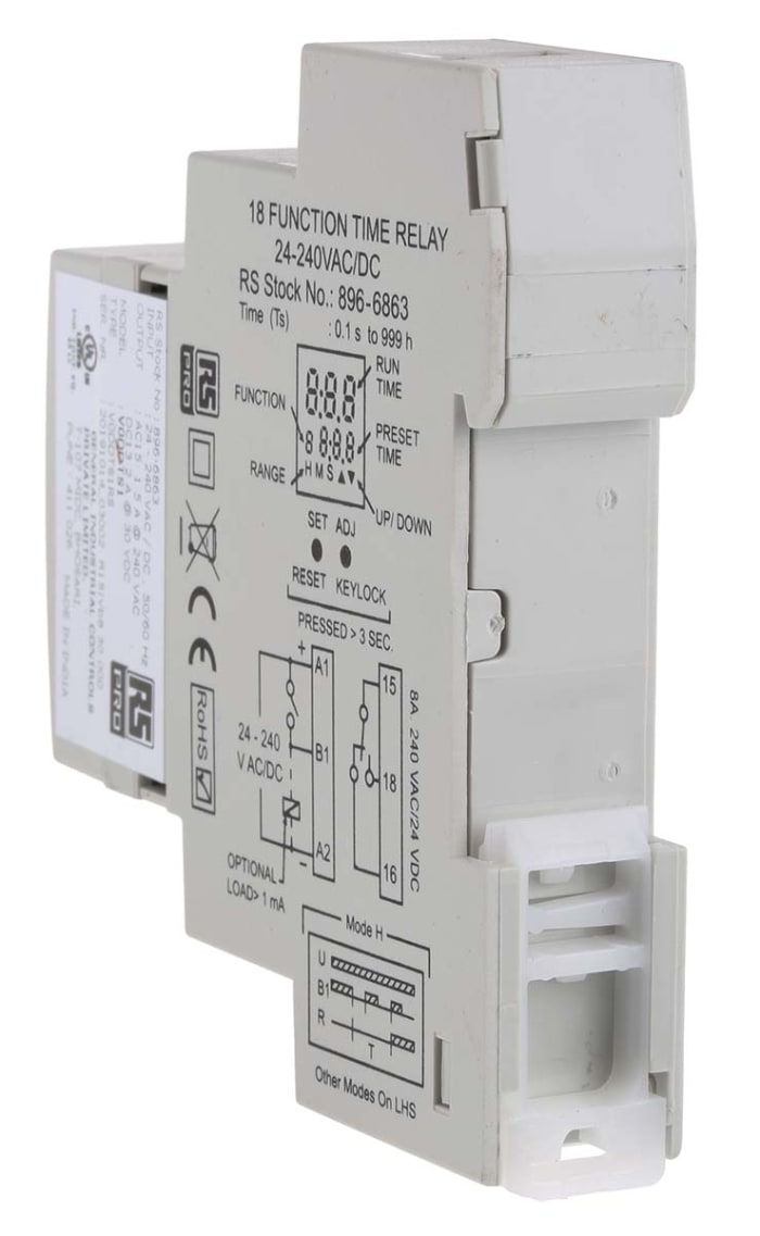 RS PRO | RS PRO DIN Rail Mount Timer Relay, 24 → 240V ac/dc, 1-Contact ...