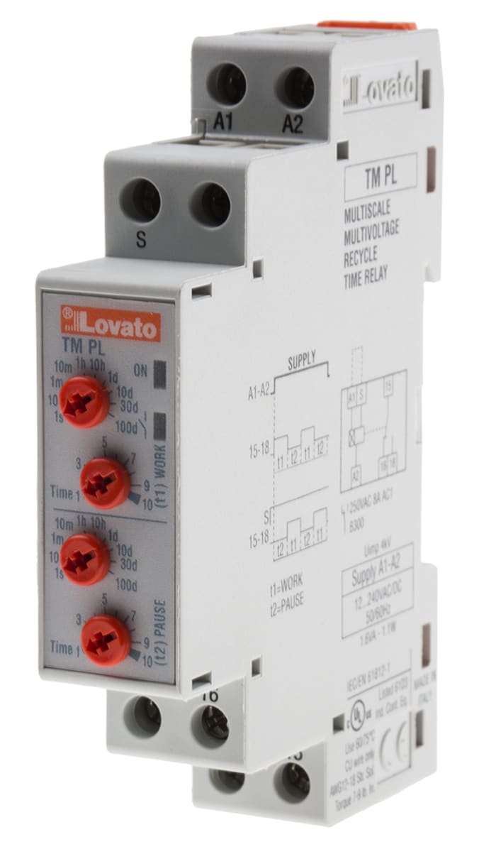 TMPL Lovato | Lovato DIN Rail Mount Timer Relay, 12 → 240V ac/dc, 2 ...