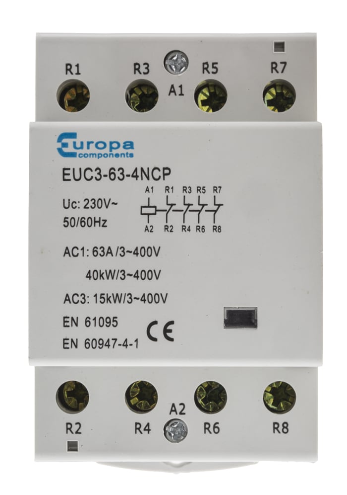 EUC3-63-4NCP Europa | Europa Contactor, 230 V ac Coil, 4-Pole, 63 A, 40 ...