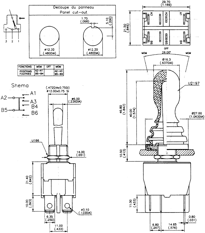 647H/2-5RS APEM | APEM Toggle Switch, Panel Mount, (On)-Off-(On), DPDT, Solder Terminal | 614 ...