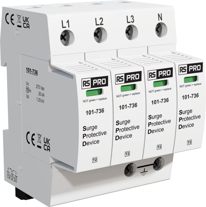 RS PRO | RS PRO 3 Phase Industrial Surge Protector, 50 kA, 1.25 kV, DIN ...
