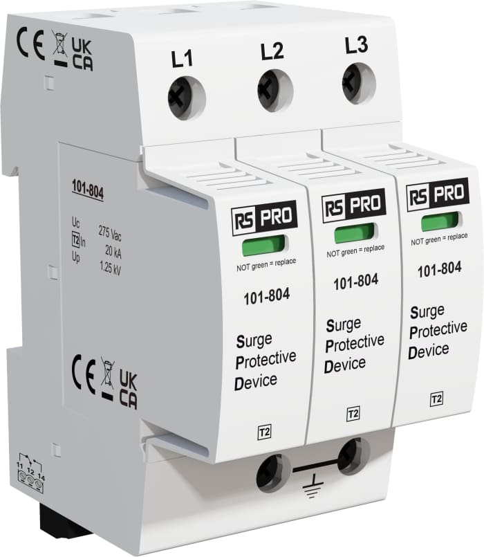 RS PRO | RS PRO 3 Phase Industrial Surge Protector, 50 kA, 1.25 kV, DIN ...