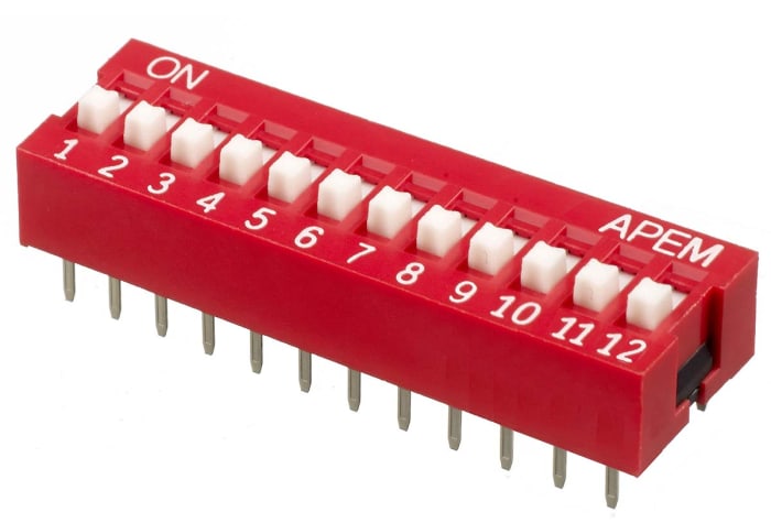 NDS-12-V APEM | Interruptor DIP, SPST, Montaje en orificio pasante, Actuador Elevado, 25 mA, 12 ...