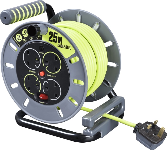 RS PRO | RS PRO 25m 4 Socket Type G - British Cable Reel Open Reel, 240 ...