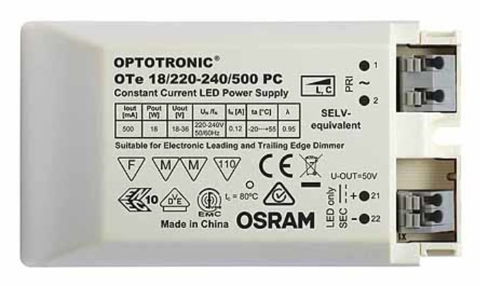 OTE 18/220-240/500 PC Osram | Osram LED Driver, 18 → 36V Output, 18W Output, 500mA Output ...