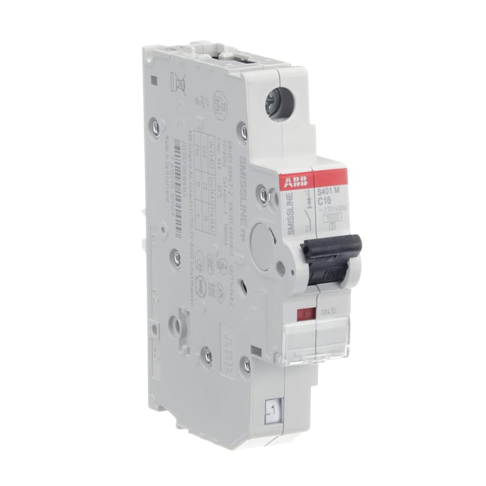 S401MC16 ABB | ABB SMISSLINE TP S400M MCB, 1P, 16A Curve C, 230V AC, 60V DC, 10 kA Breaking ...