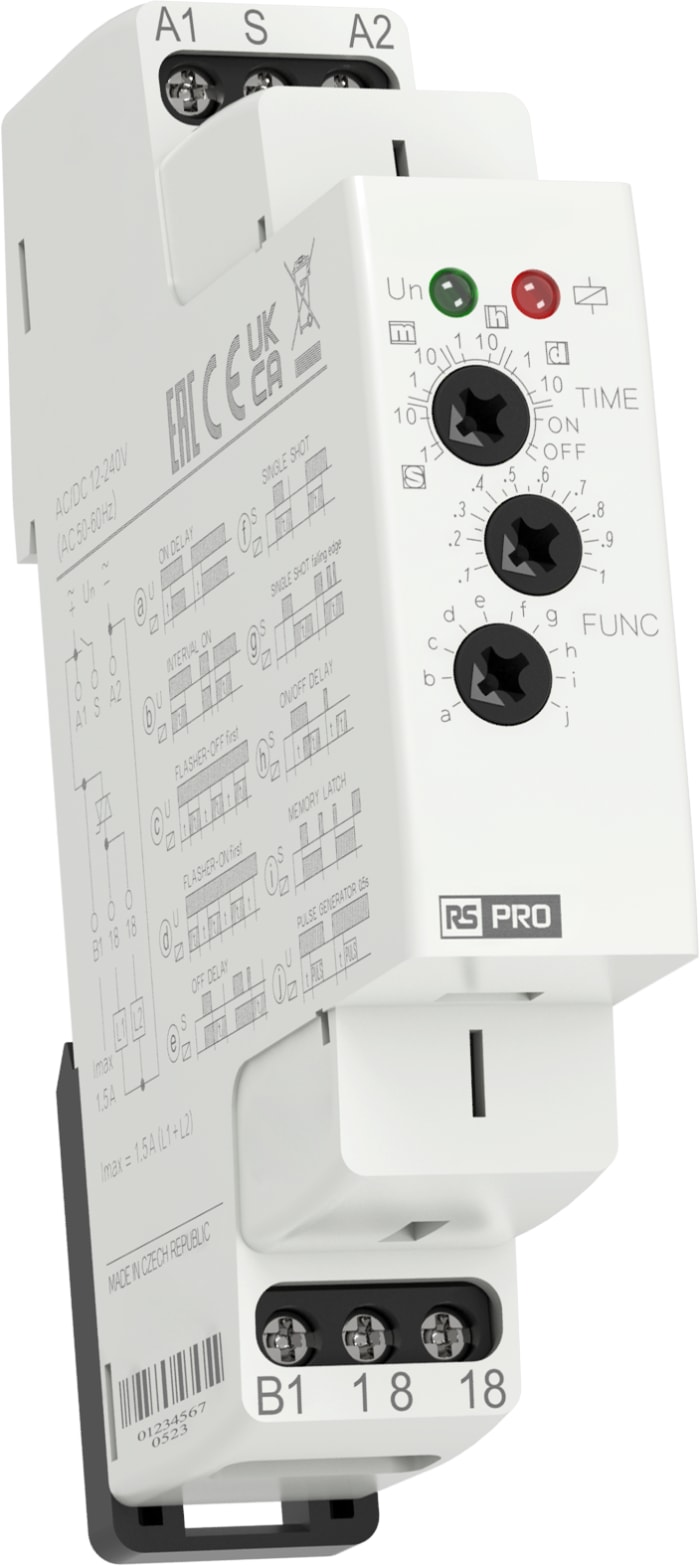 RS PRO | RS PRO DIN Rail Mount Timer Relay, 12 → 240V ac/dc, 1-Contact ...