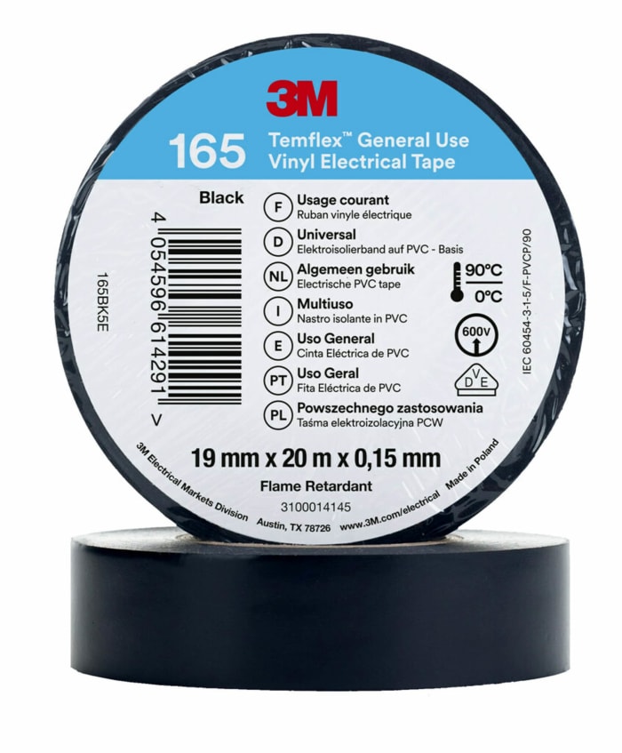 3M 165 black 19mm x 20m 3M | 3M Temflex Black Vinyl Electrical Tape, 19mm x 20m | 246-9551 | RS