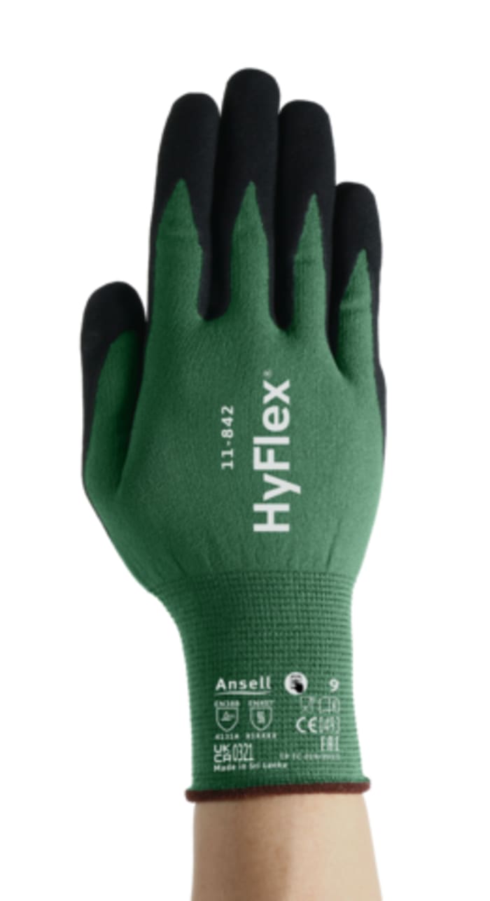 11842110 Ansell | Ansell HyFlex 11-842 Green Nylon Abrasion Resistant, General Purpose Work ...