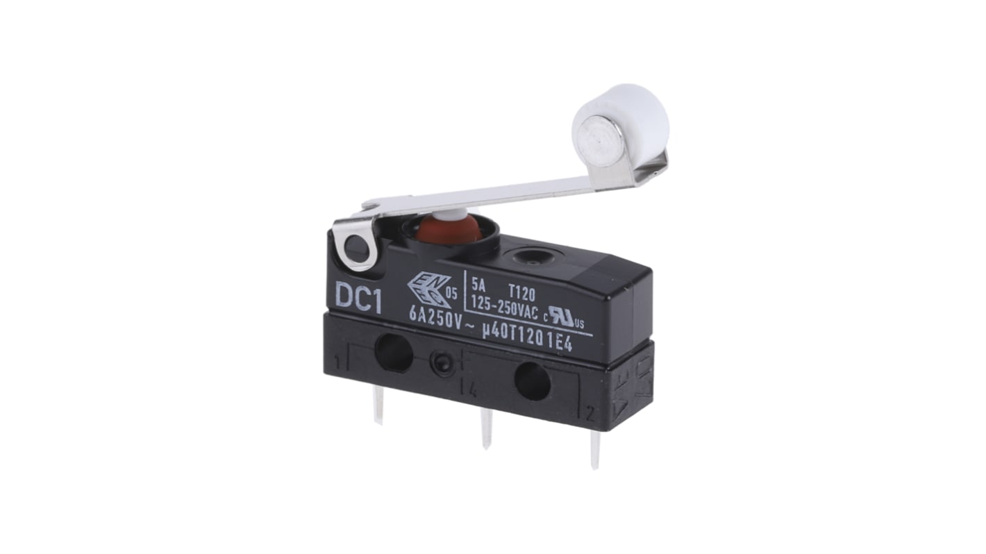 DC1C-A1RC | ZF Roller Lever Micro Switch, Solder Terminal, 6 A @ 250 V ac, SPDT, IP6K7 | RS