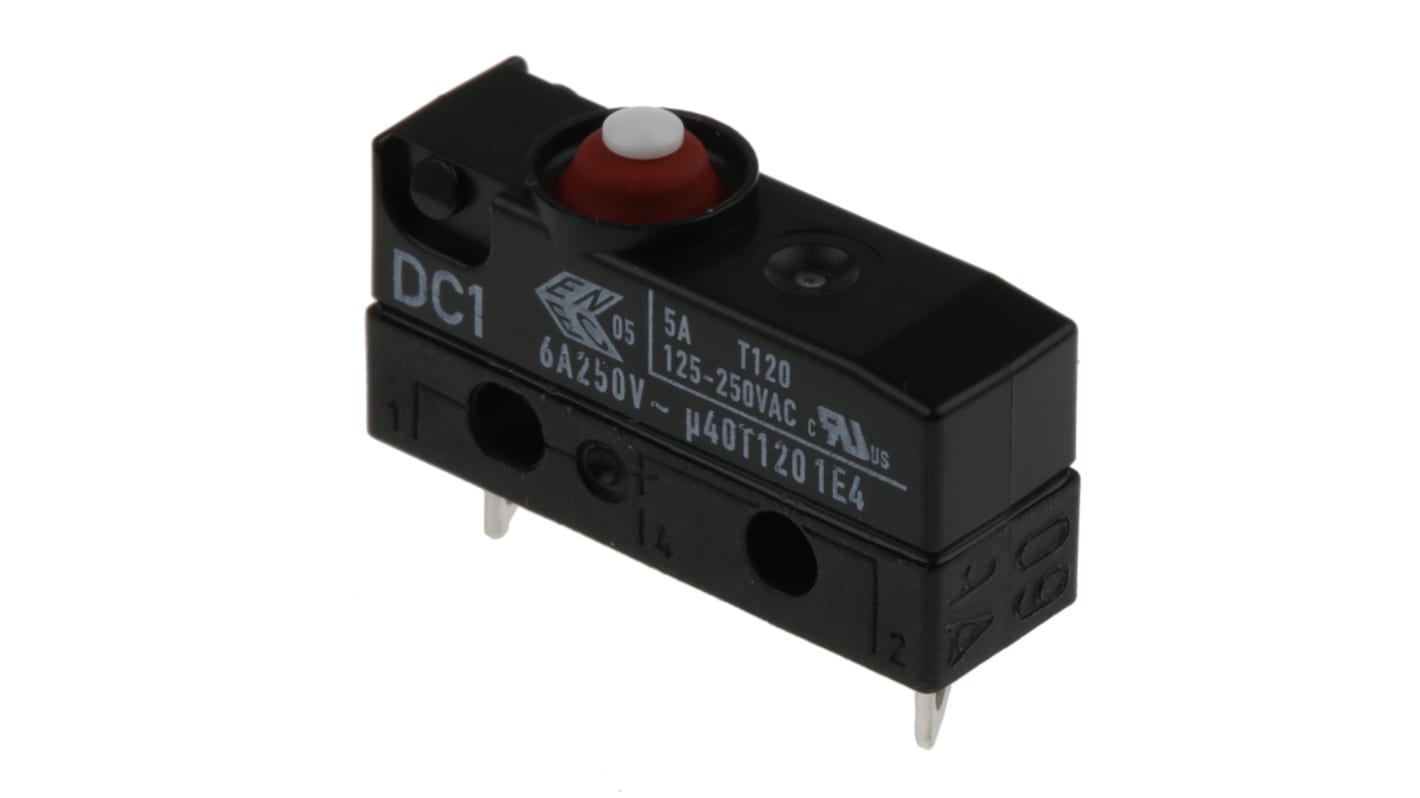 DC1B-A1AA | ZF Button Micro Switch, Solder Terminal, 6 A @ 250 V ac, SPST, IP6K7 | RS