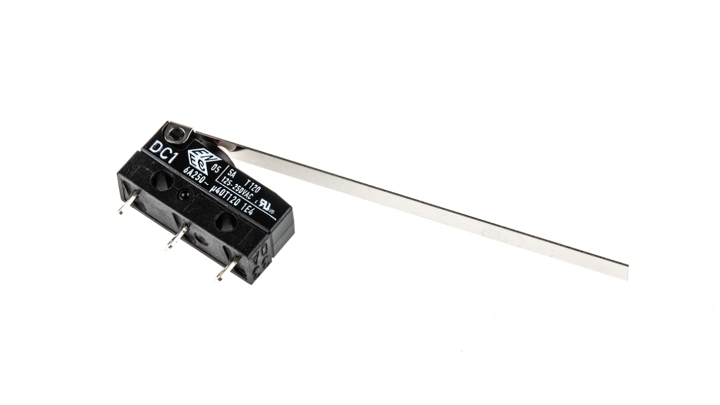 DC1C-A1LD | ZF Long Hinge Lever Micro Switch, Solder Terminal, 6 A @ 250 V ac, SPDT, IP6K7 | RS
