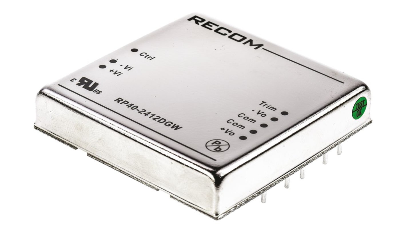 RP40-2412DGW | Recom RP40-GW DC-DC Converter, ±12V dc/ ±1.67A Output, 9 ...